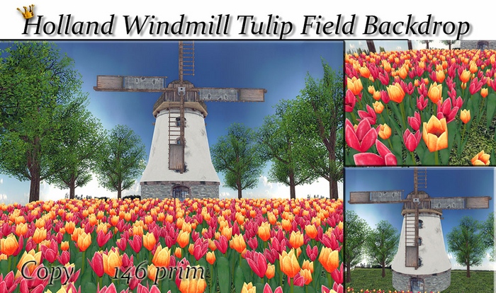 Second Life Marketplace - Holland Windmill Tulip Field Backdrop (background)